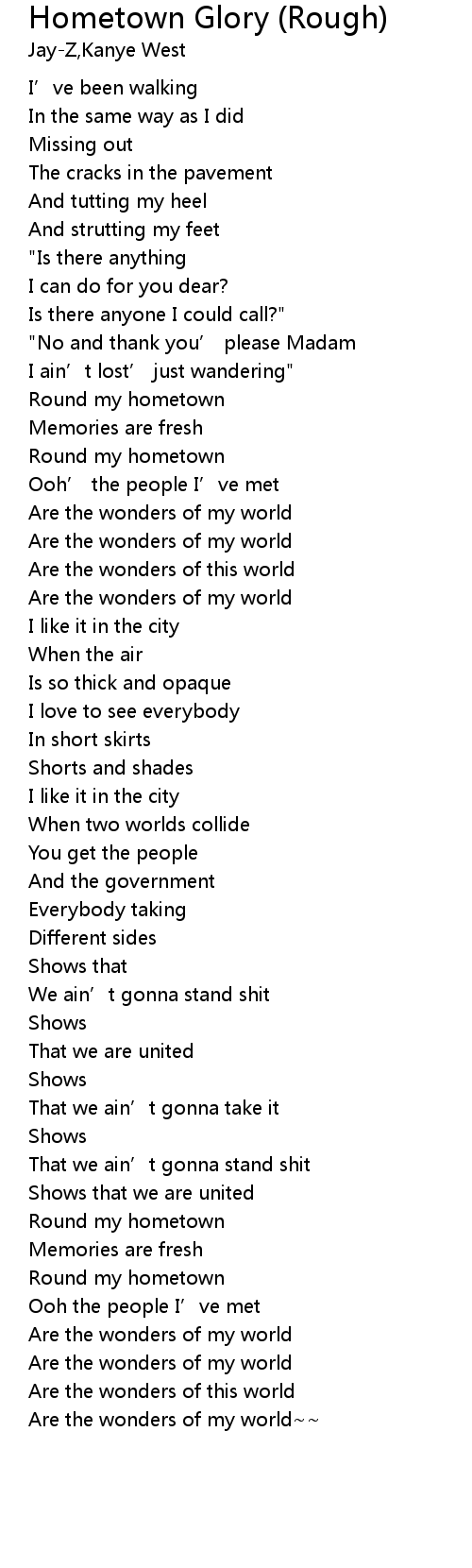 Hometown Glory (Rough) Lyrics - Follow Lyrics