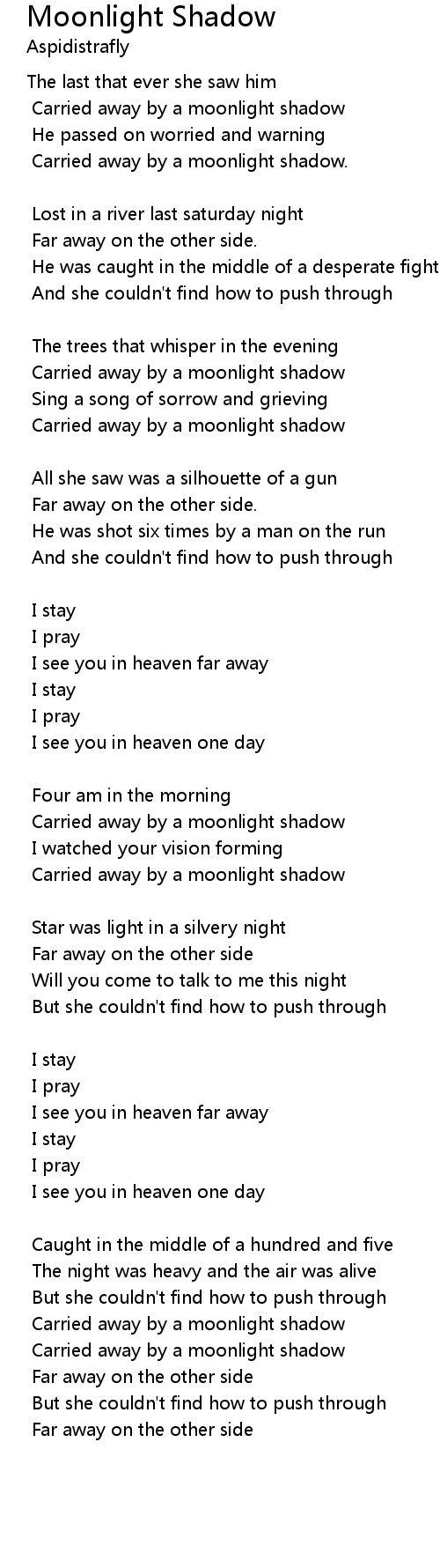 Moonlight Shadow Lyrics - Follow Lyrics