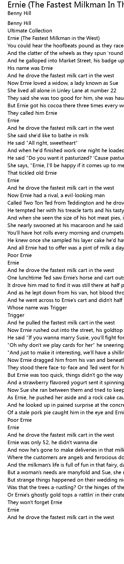 Ernie (The Fastest Milkman In The West) Lyrics - Follow Lyrics
